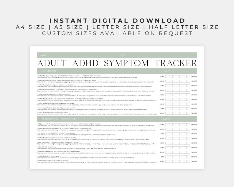 Adult ADHD Symptom Tracker Printable | Planner to Track Daily Impact to ...