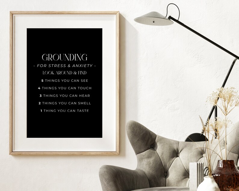 Grounding Technique Black Printable Mindfulness Poster for Coping With ...