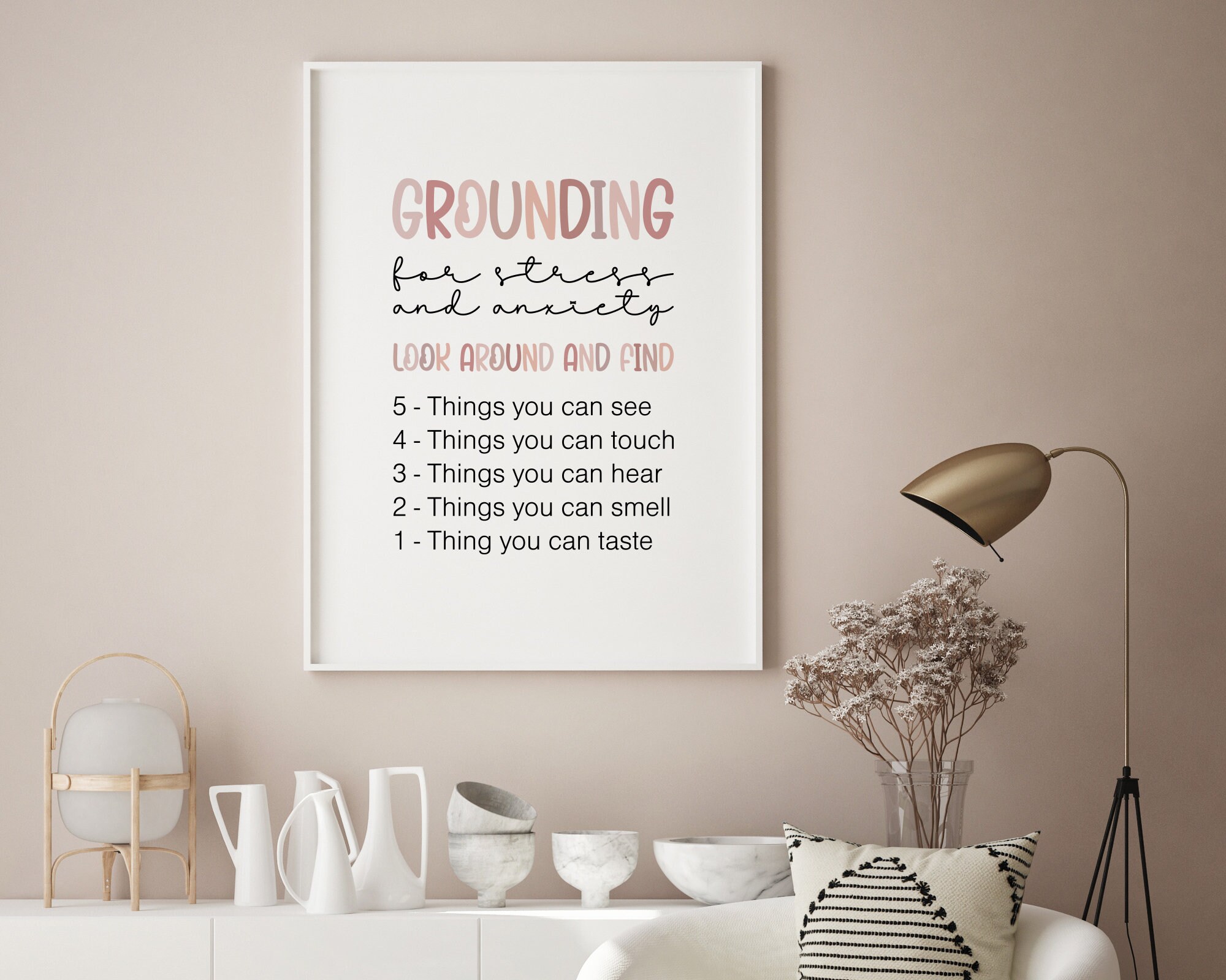 Grounding Technique Peony Pink Printable Mindfulness Poster for Coping ...