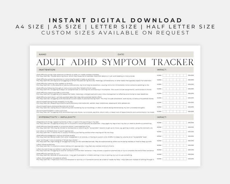 Adult ADHD Symptom Tracker Printable Planner to Track Daily Impact to ...
