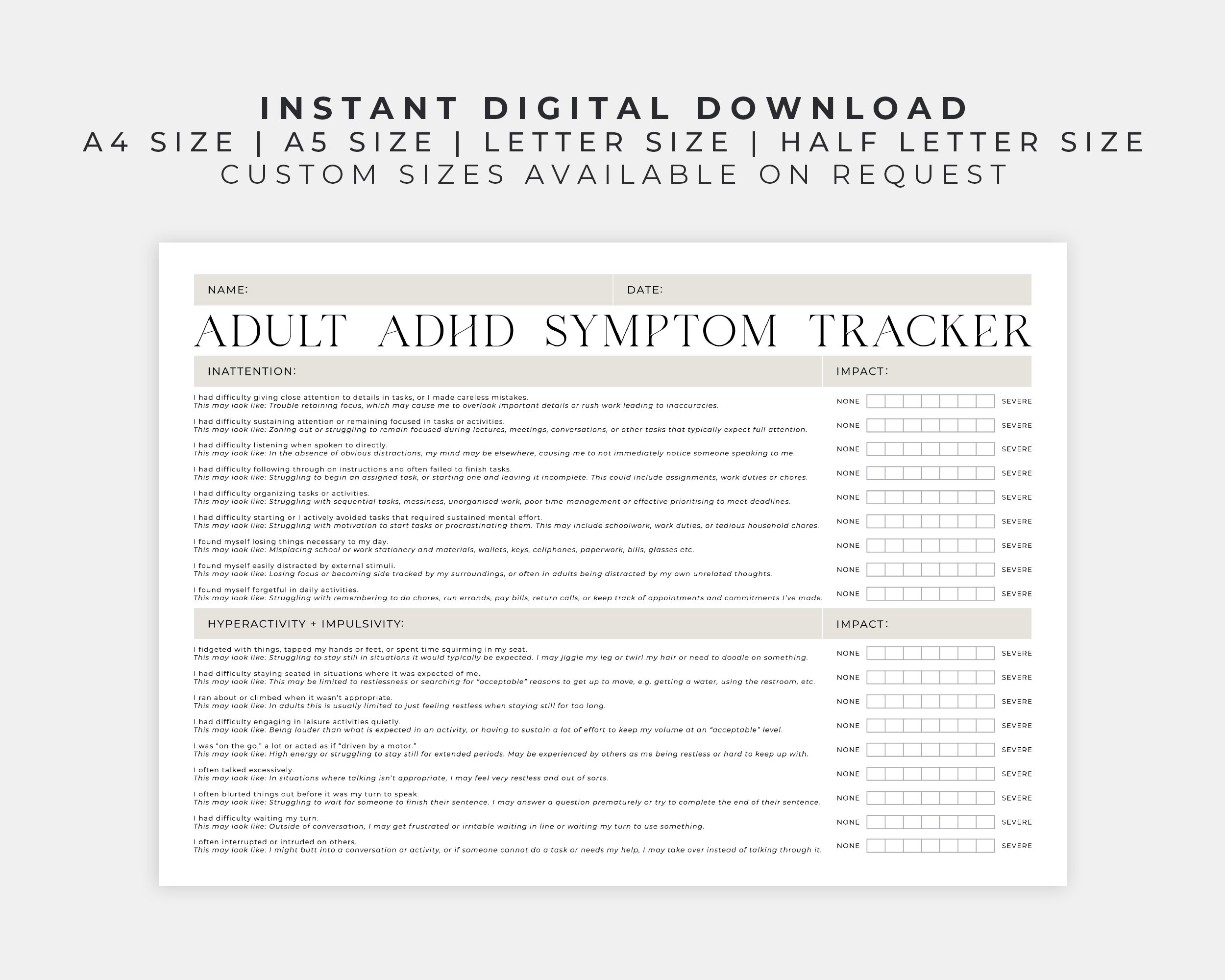 Adult ADHD Symptom Tracker Printable Planner to Track Daily Impact to ...