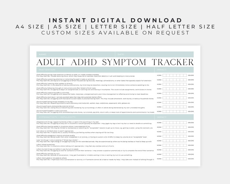 Adult ADHD Symptom Tracker Printable | Planner to Track Daily Impact to ...