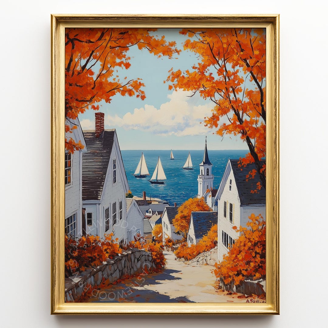 Autumn Coastal Townscape - Printable Seaside View, Rustic New England ...