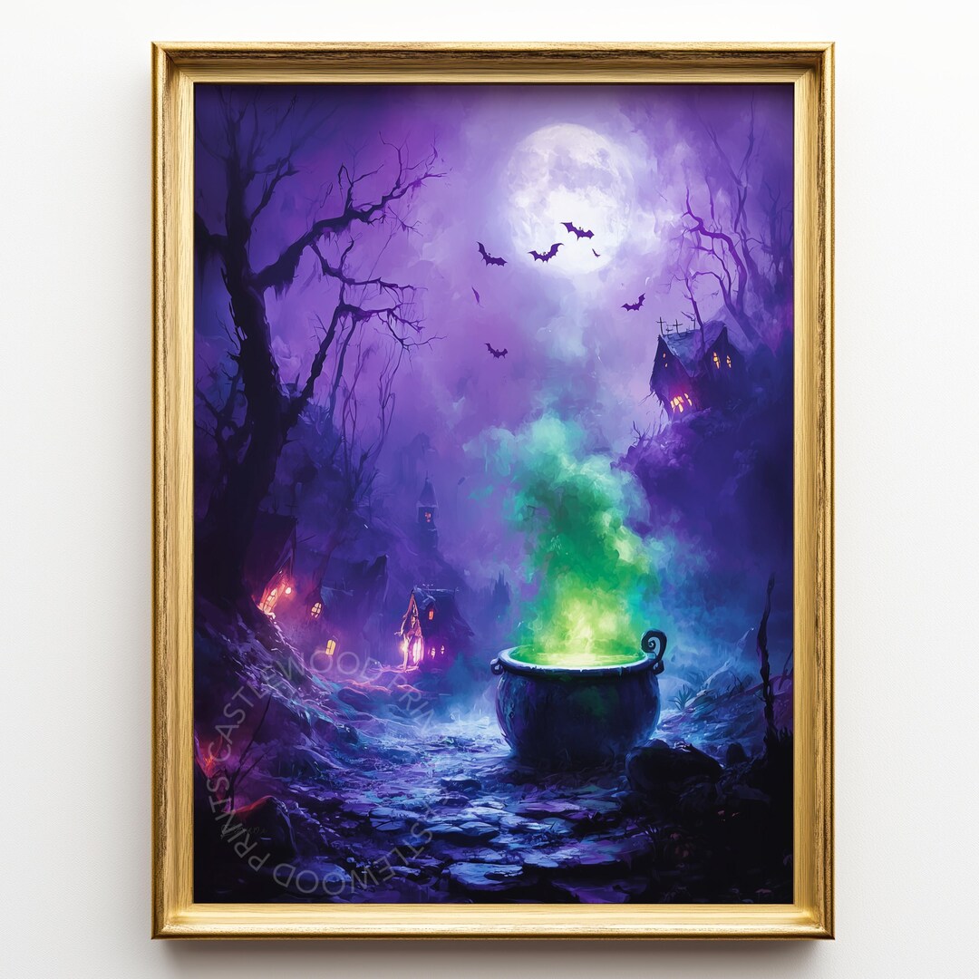Spooky Cauldron Halloween Art Print – Haunted Forest Scene (digital ...