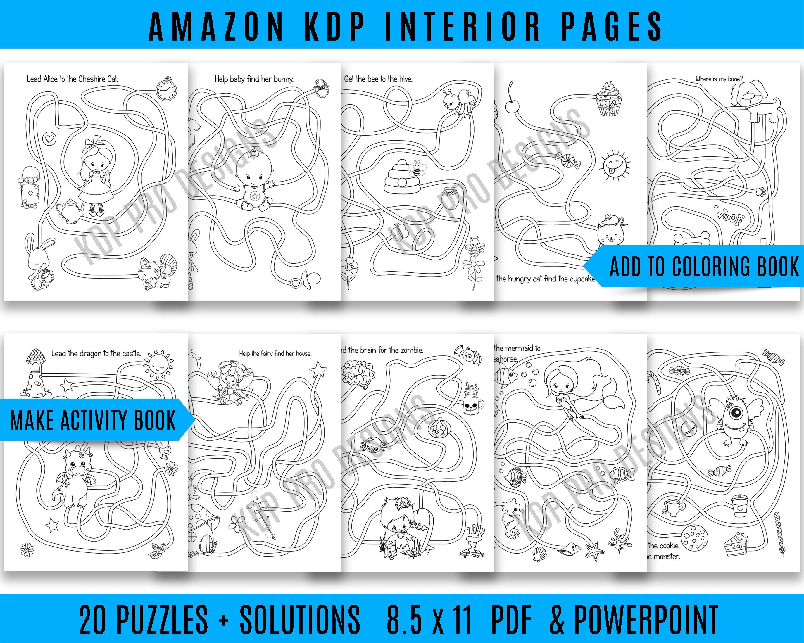 20 Coloring Mazes With Solutions to Make Kids Activity Books for KDP ...