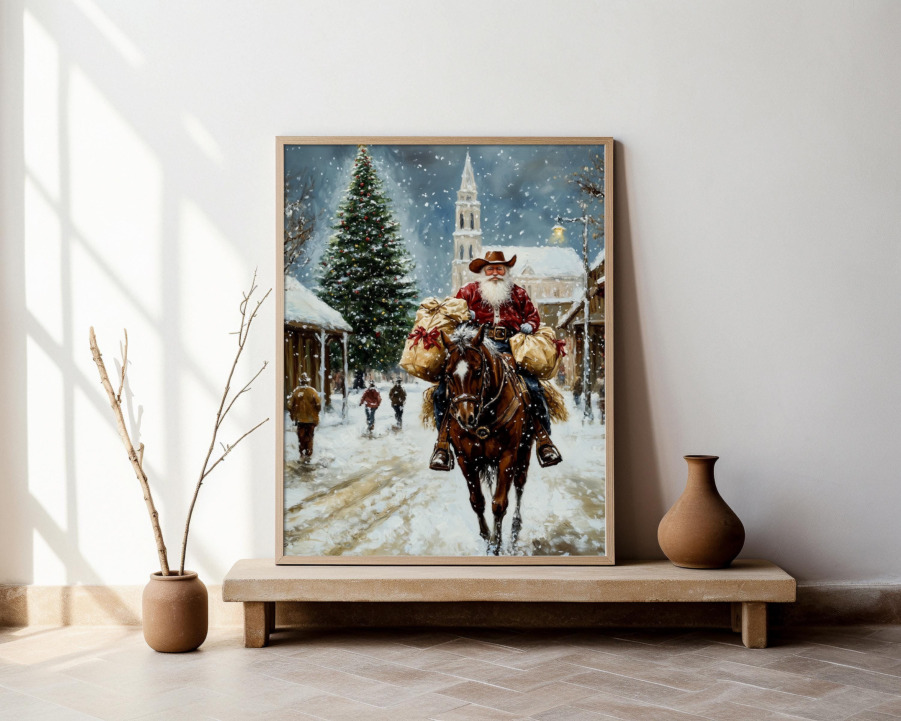 Vintage Cowboy Santa Painting - Rustic Christmas Scene, Printable ...