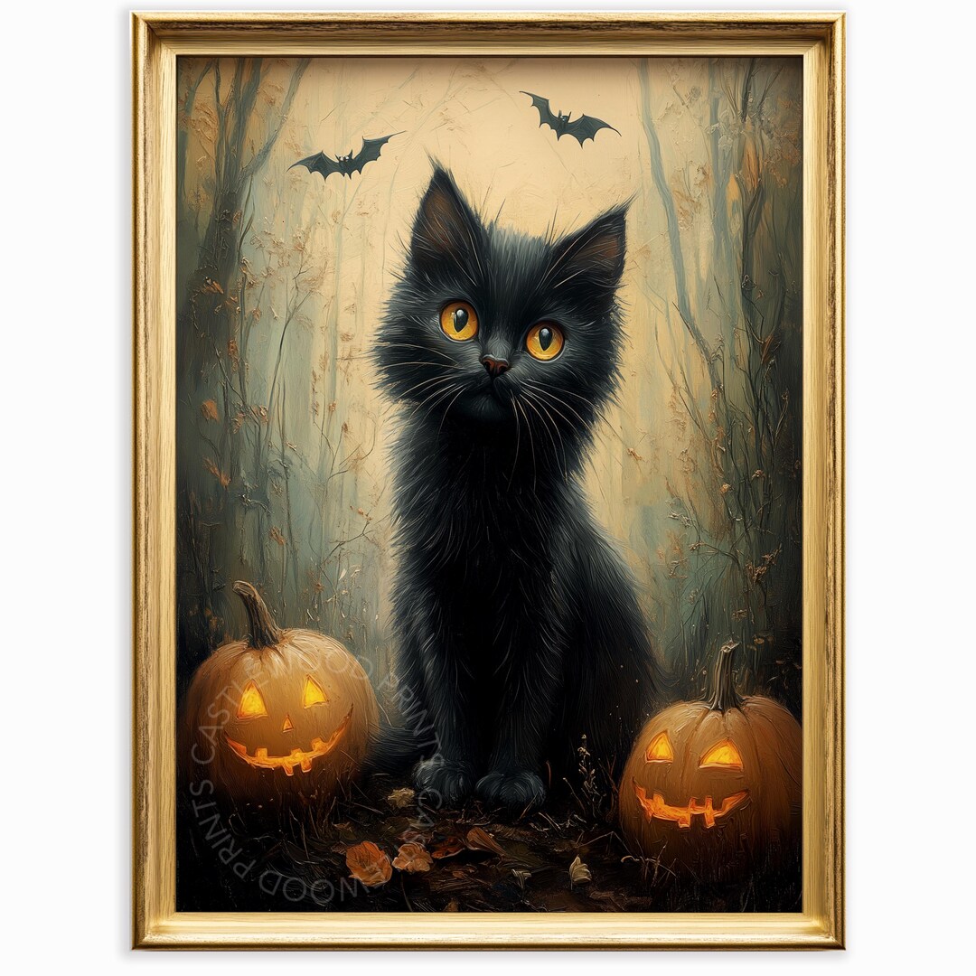 Vintage Black Cat Halloween Art Print – Spooky Pumpkins (digital ...