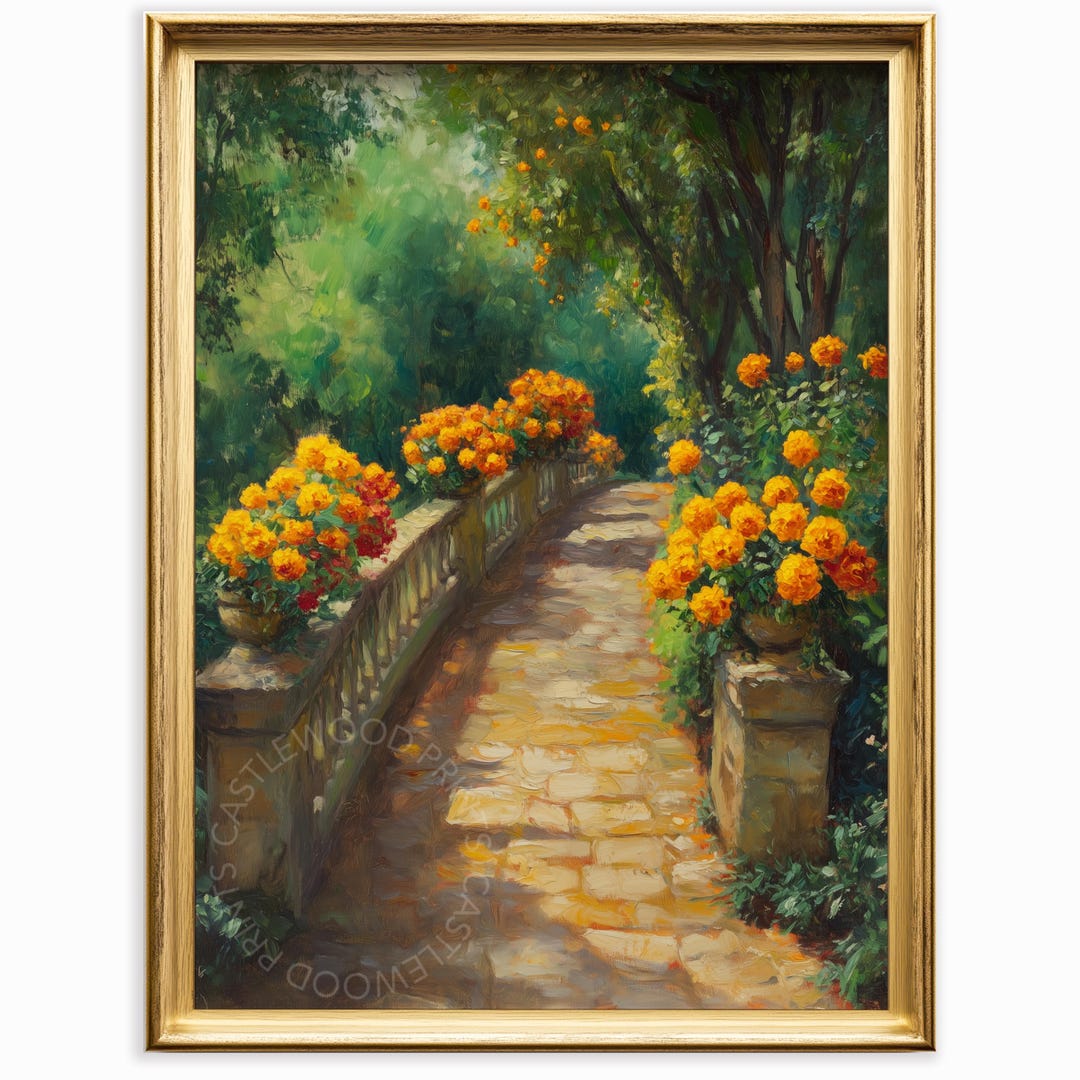 Rustic Cottage Garden Pathway - Marigold & Stone Wall Art, Vintage Oil ...