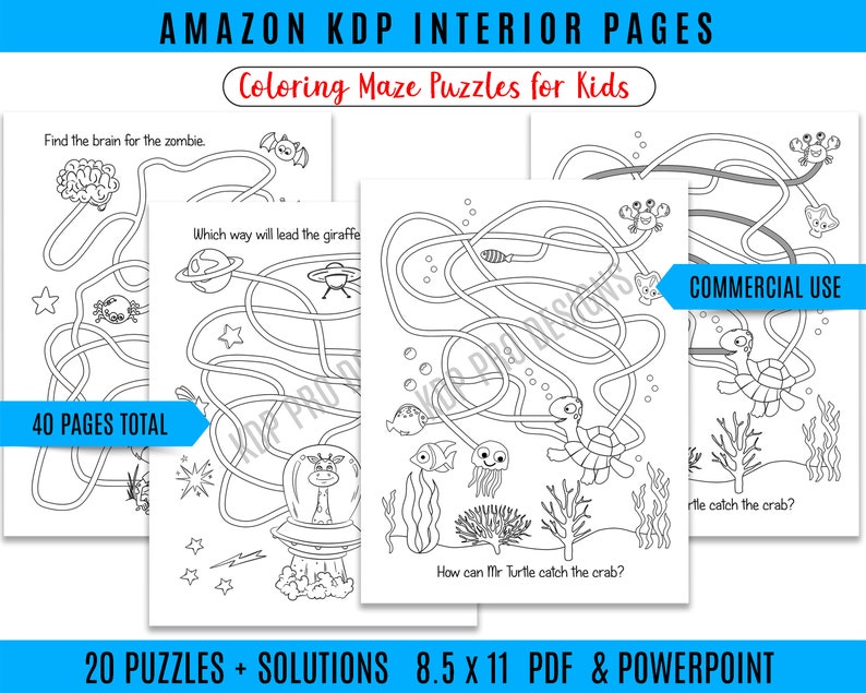 20 Coloring Mazes With Solutions to Make Kids Activity Books for KDP ...