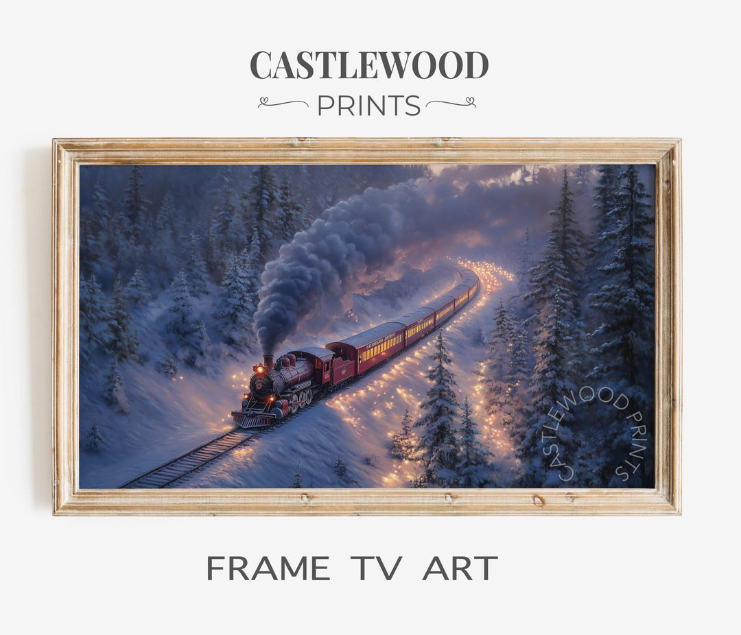 Vintage Winter Steam Train Aerial View Art, Cozy Moody Forest Scene ...