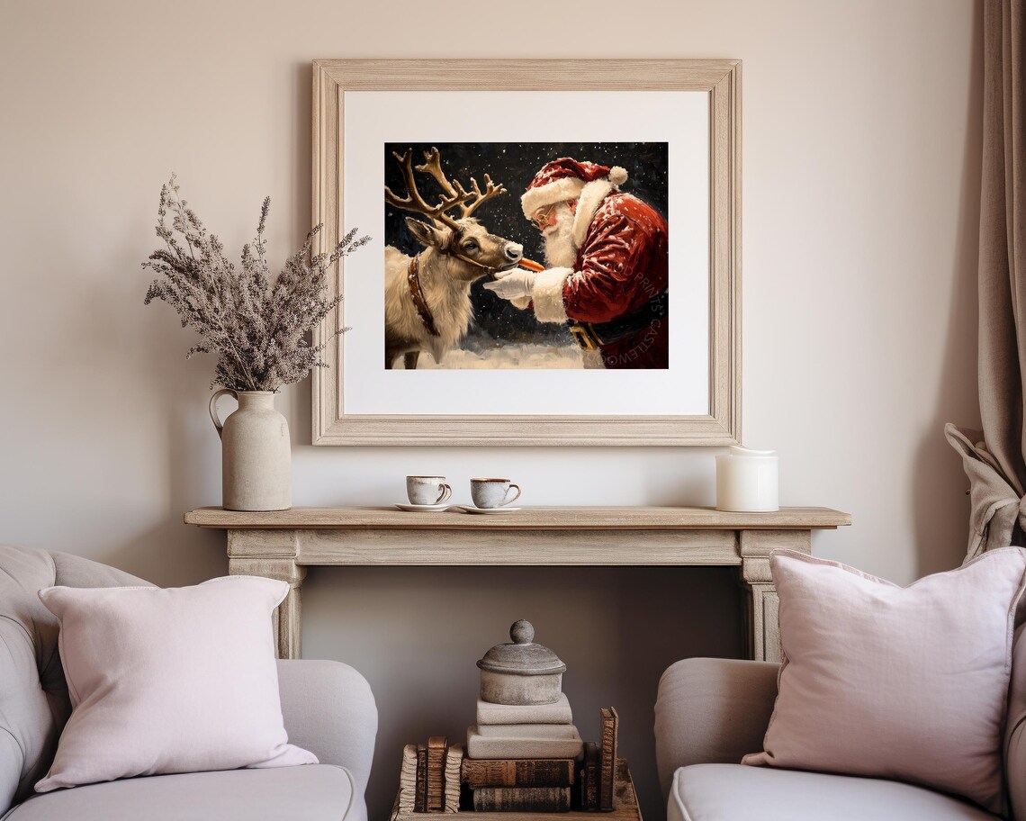 Vintage Santa With Reindeer Painting – Christmas Wall Art (printable ...