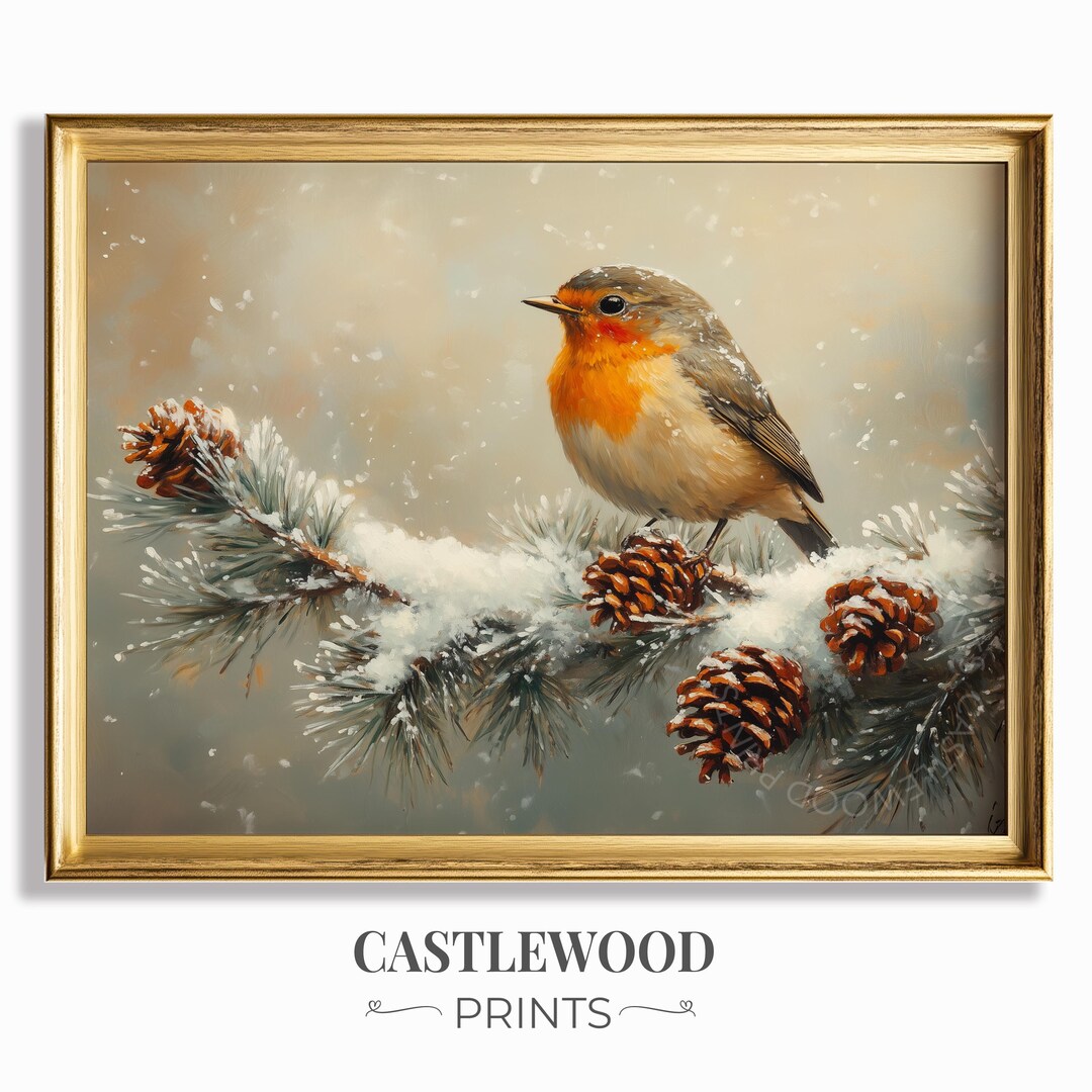 Robin on Pinecone Branch Print – Winter Bird Wall Art (digital Download ...