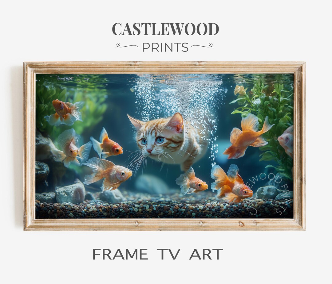 Cat and Fish Aquarium Frame TV Art, Playful Pet Decor (digital Download ...