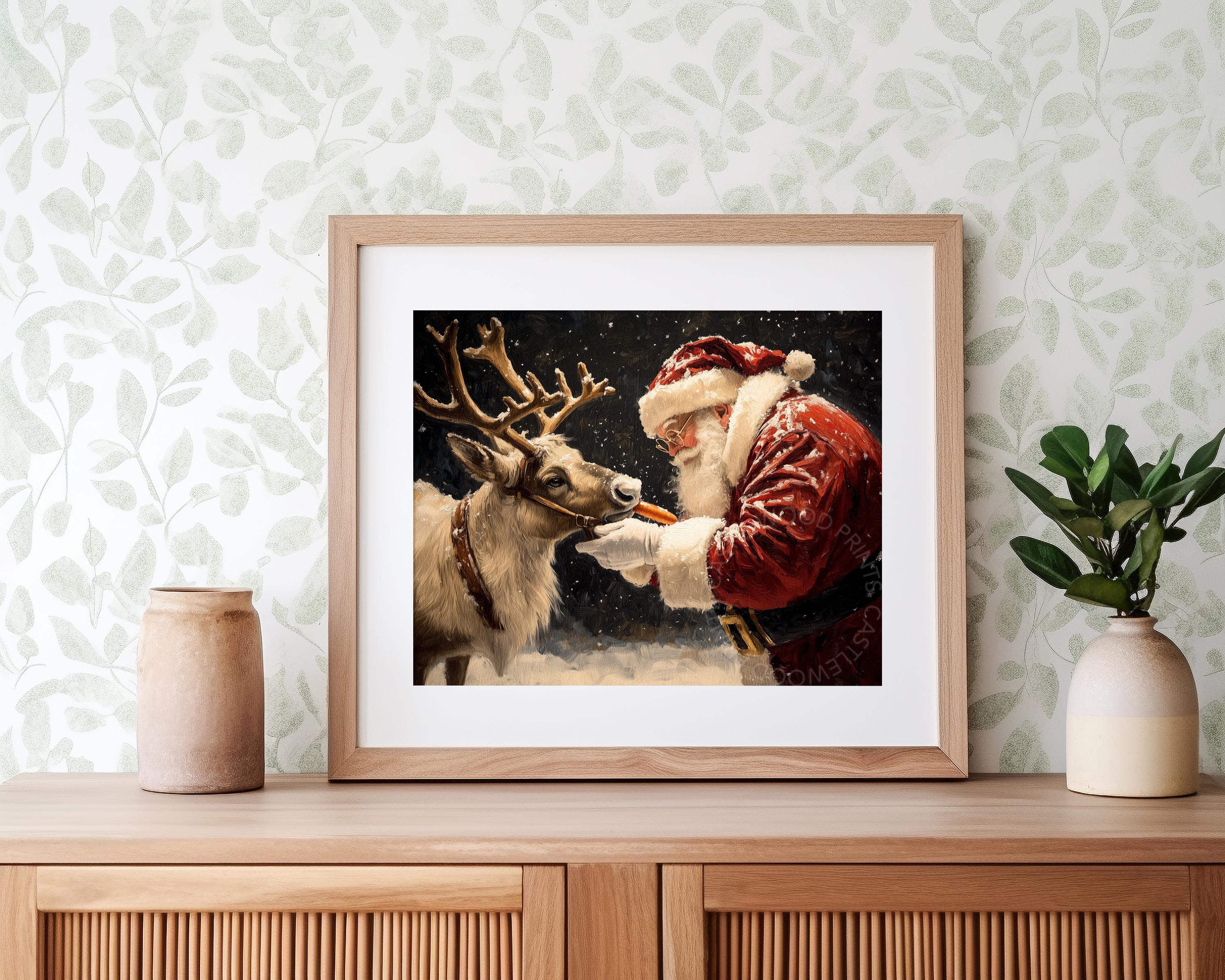 Vintage Santa With Reindeer Painting – Christmas Wall Art (printable ...