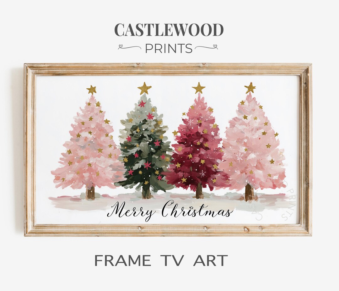 Vintage Watercolor Christmas Trees Frame TV Art, Festive Holiday Decor ...