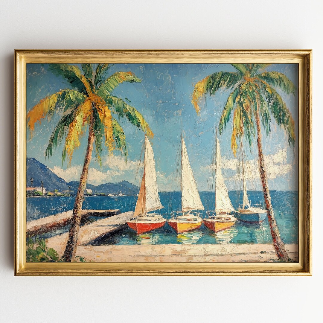 Printable Tropical Marina Scene - Vintage Sailboat Oil Painting, Palm ...