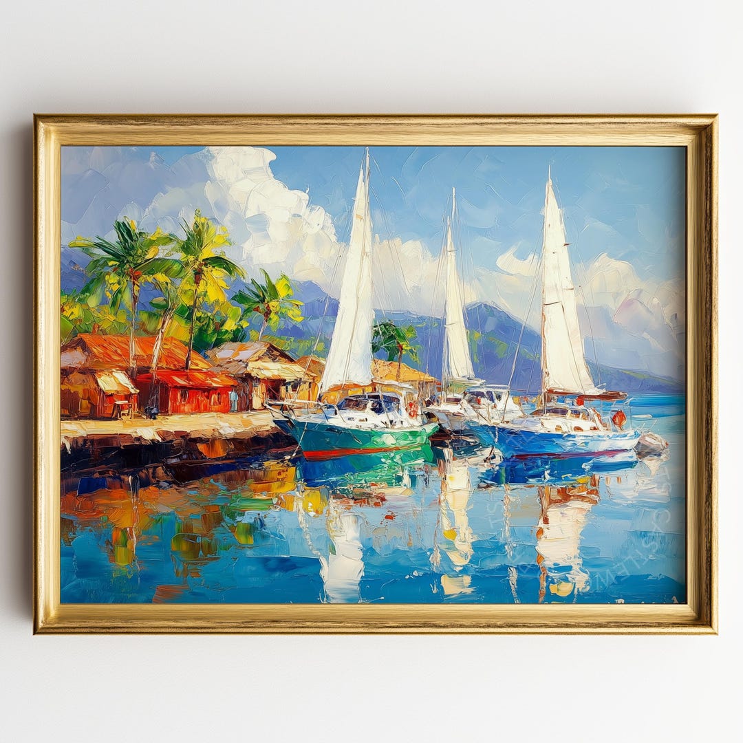 Coastal Marina Scene Printable Art - Sailboats in Hawaii, Vibrant ...