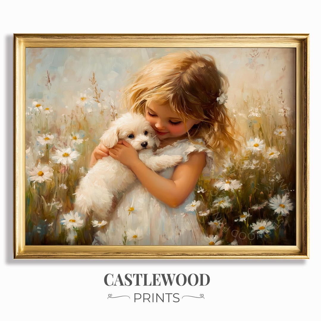 Girl and Puppy in Flower Field Art Print – Cottagecore Summer Scene ...