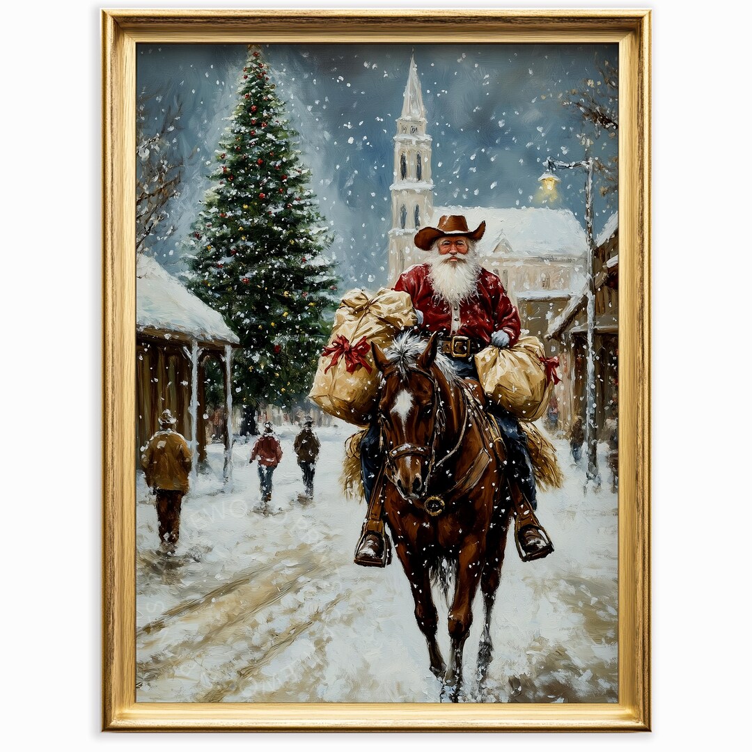 Vintage Cowboy Santa Painting - Rustic Christmas Scene, Printable ...