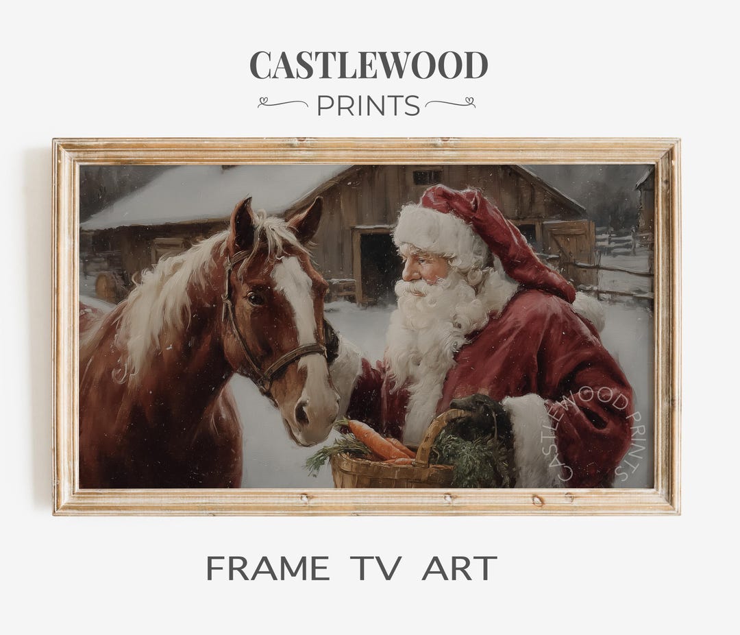 Santa Claus and Horse Frame TV Art, Vintage Christmas Scene, Farmhouse ...
