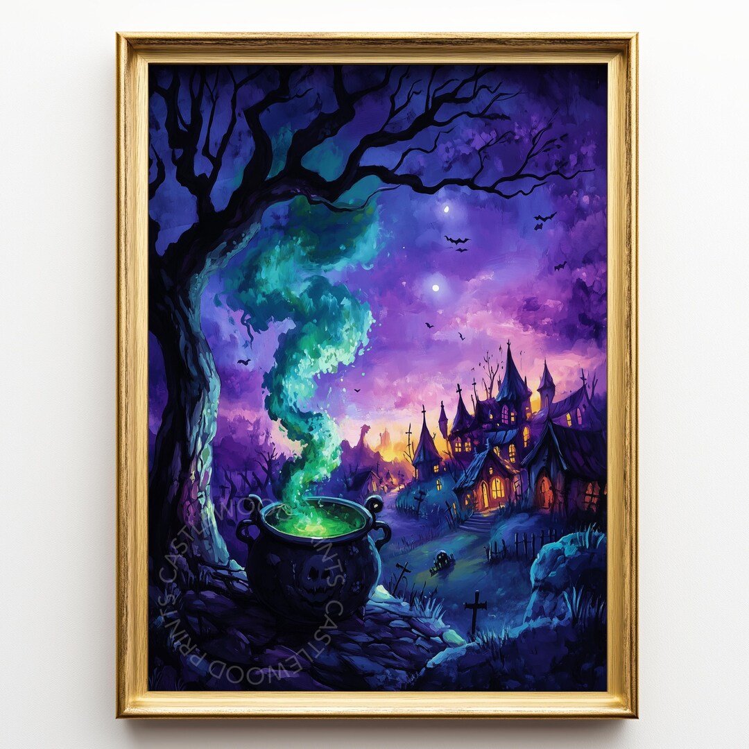 Witch Cauldron Night Scene Print – Spooky Castle Landscape (digital ...