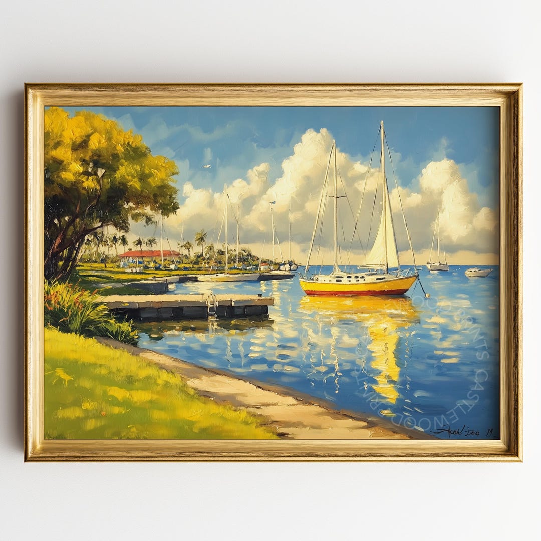 Coastal Marina With Sailboats Painting - Printable Ocean Landscape Wall ...