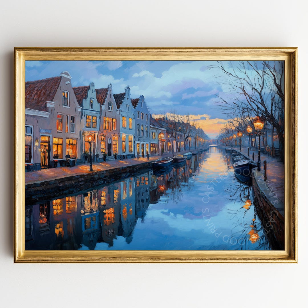 Printable Canal Town in Evening Light - Vintage Dutch Landscape Art ...