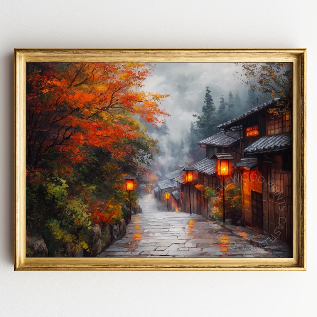 Autumn in Kyoto Temple Town - Printable Oil Painting of Japan, Rustic ...
