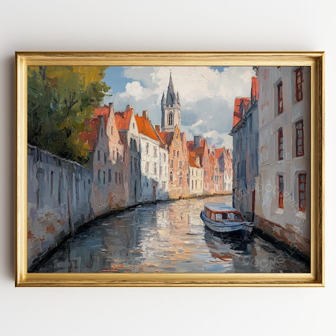 Bruges Canal Street Oil Painting - Printable Vintage Cityscape Art ...