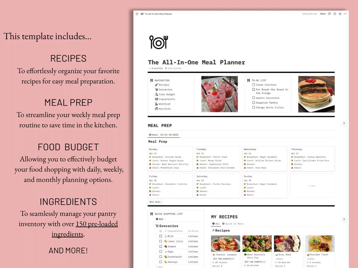 All-in-one Notion Meal Planner | Notion Template, Food Journal, Grocery ...