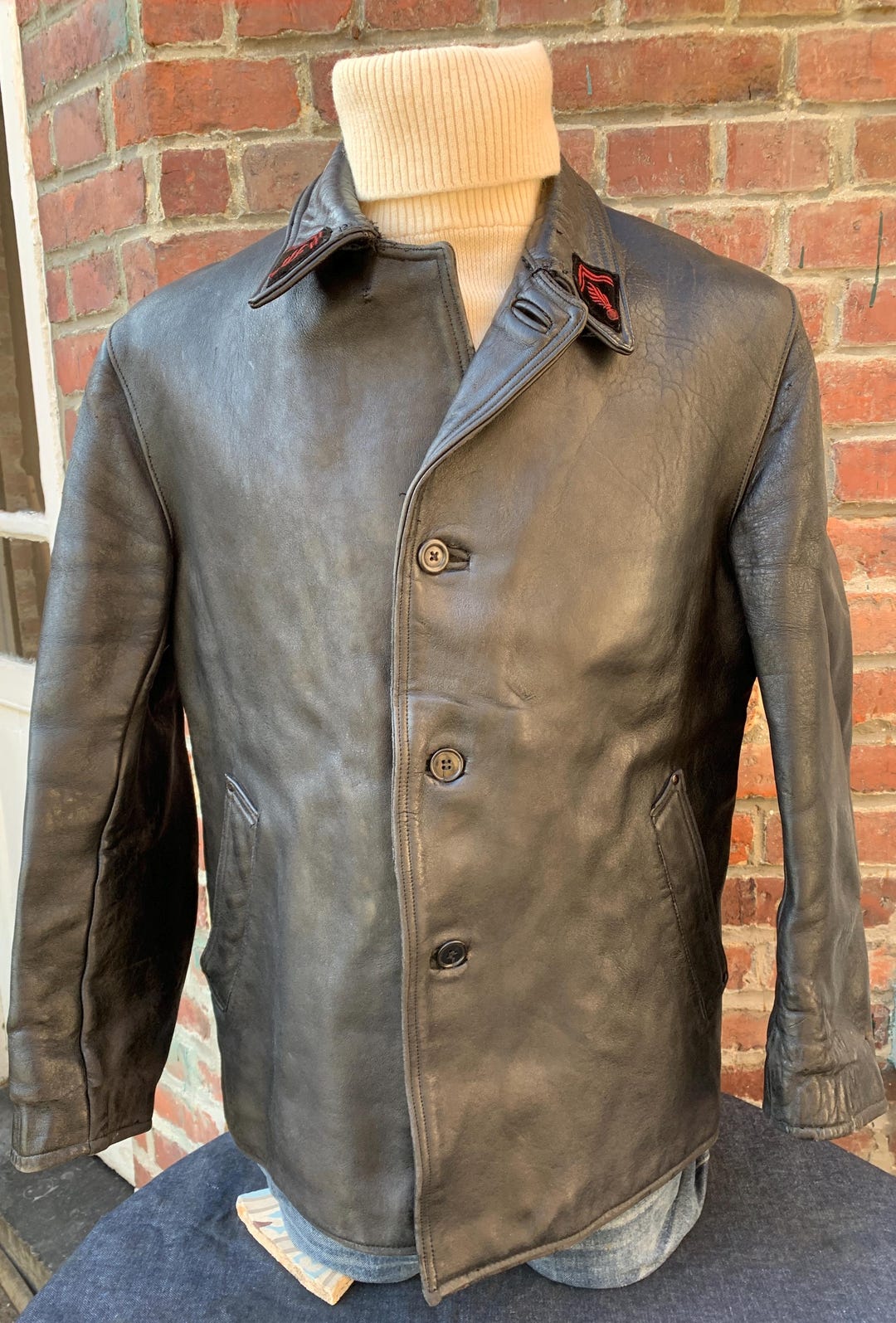 French 50s Firefighter Pompier Leather Jacket Barn Stormer Worker Pea ...