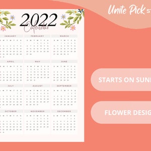 2022 Year Calendar Printable, A4 Size Calendar, Sunday Start, Flower ...
