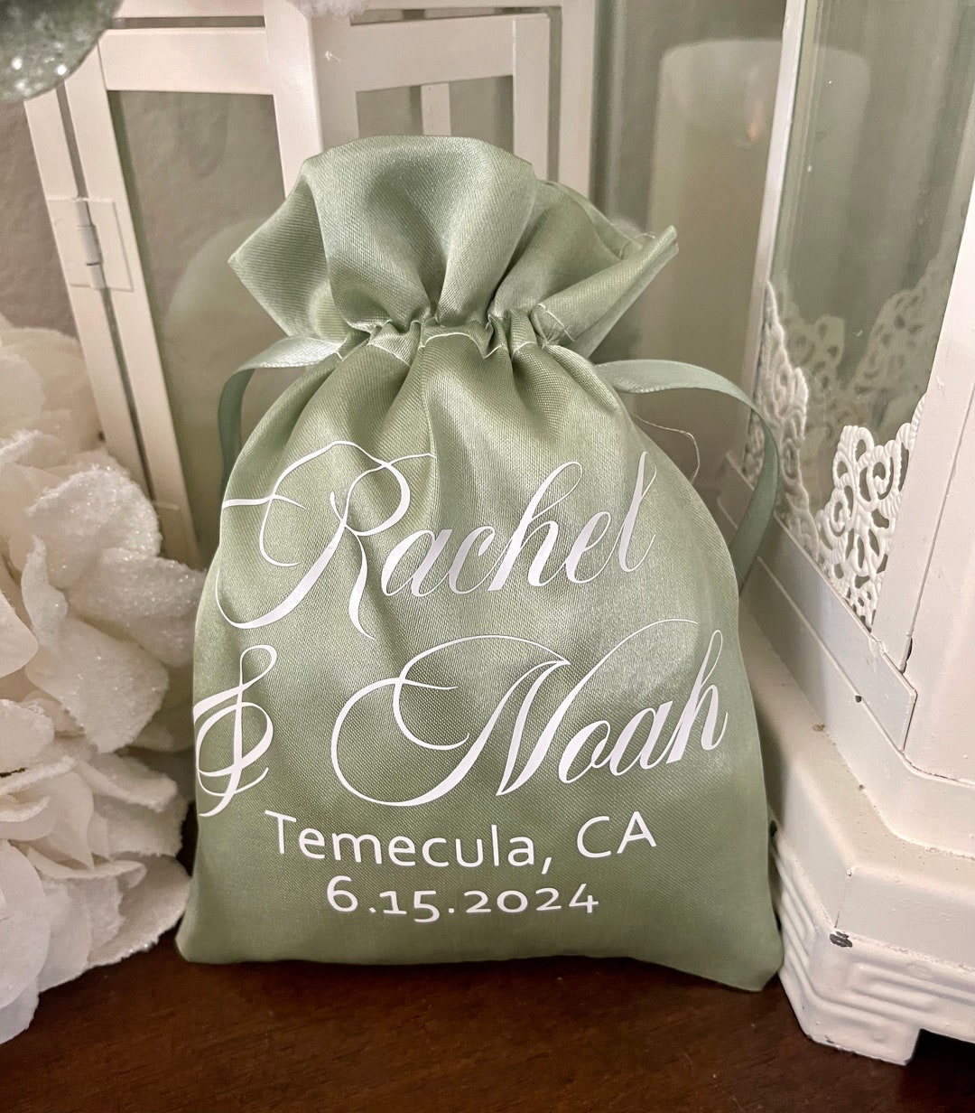 Sage Green Personalized Wedding Favor Bags, Satin Wedding Favor Bags ...