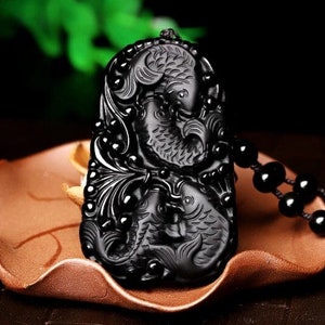 Natural Black Obsidian Happy Four Fish Pendant Obsidian Fish - Etsy