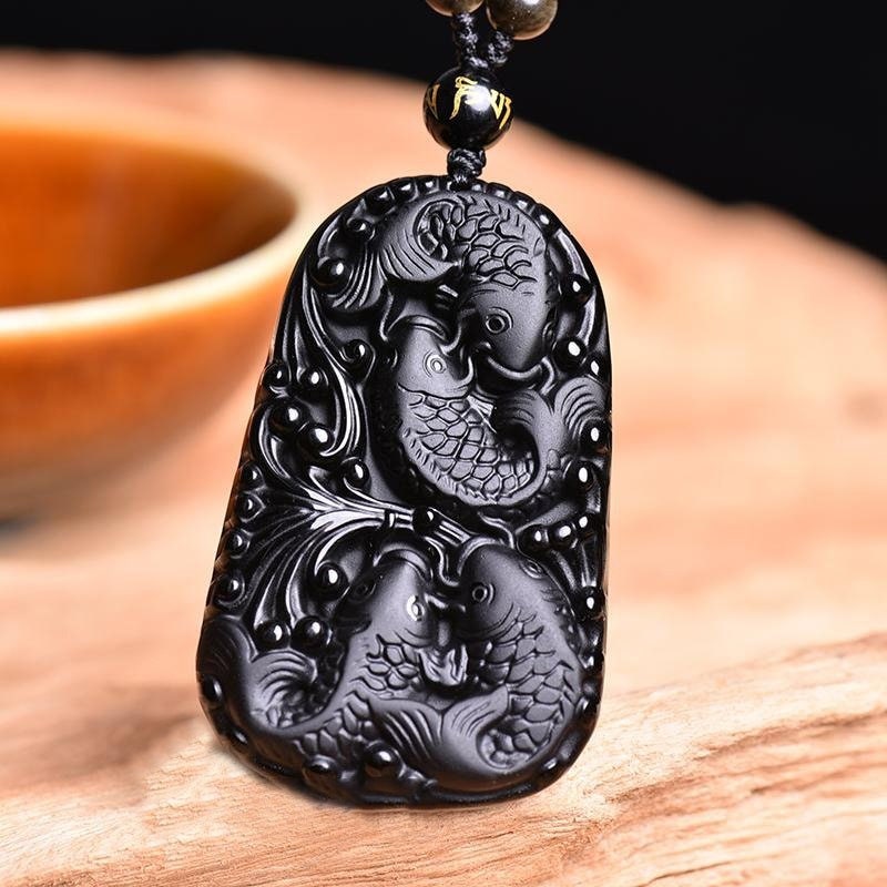 Natural Black Obsidian Happy Four Fish Pendant Obsidian Fish | Etsy