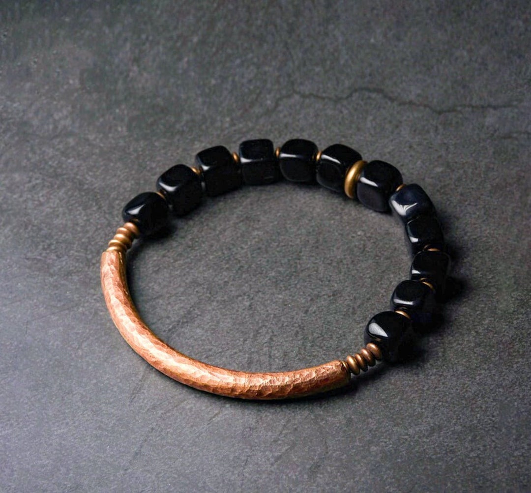 Cubic Black Obsidian Bracelet With Antique Copper Accessories, Black ...