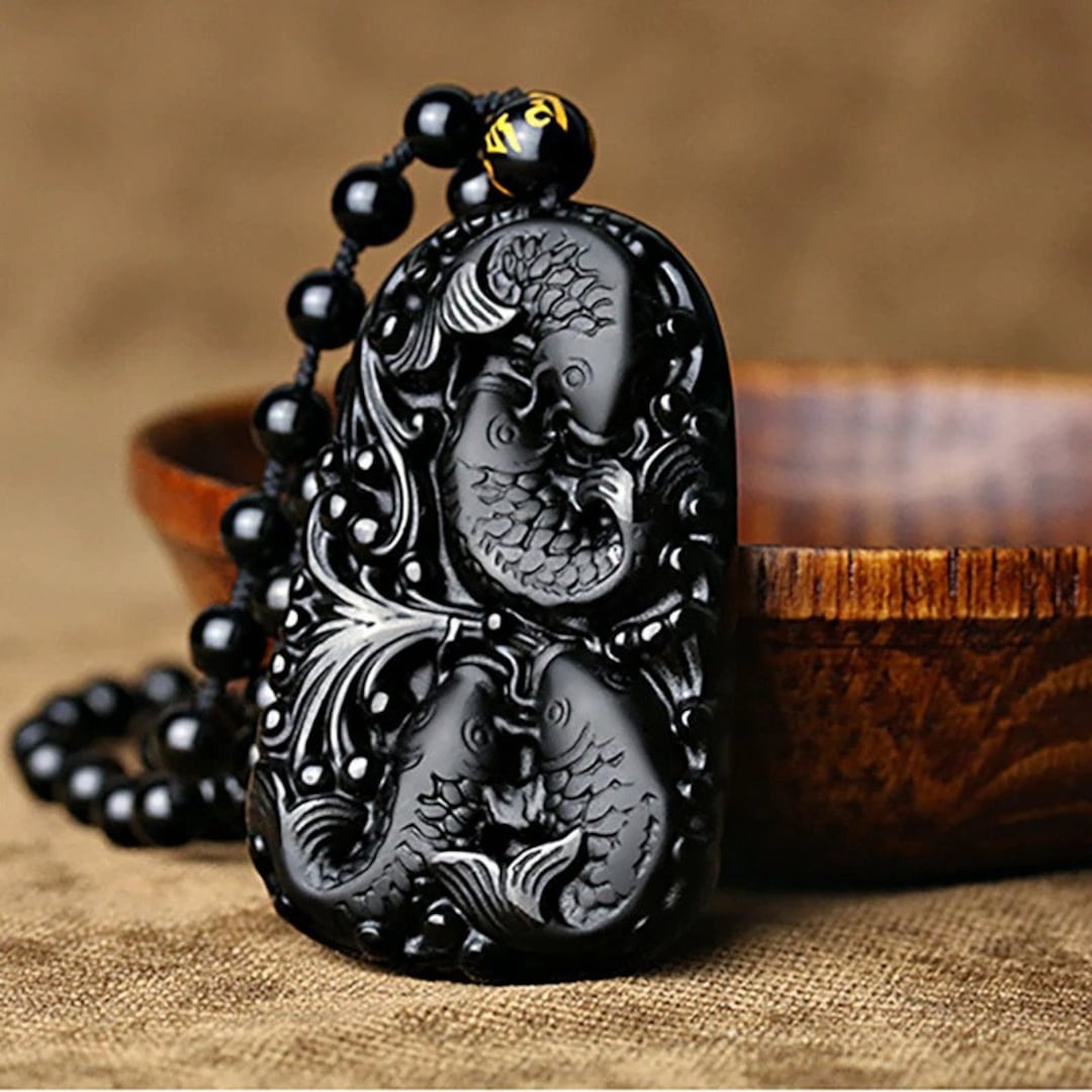 Natural Black Obsidian Happy Four Fish Pendant Obsidian Fish - Etsy
