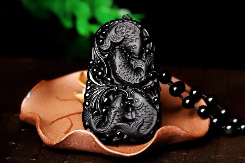 Natural Black Obsidian Happy Four Fish Pendant Obsidian Fish | Etsy