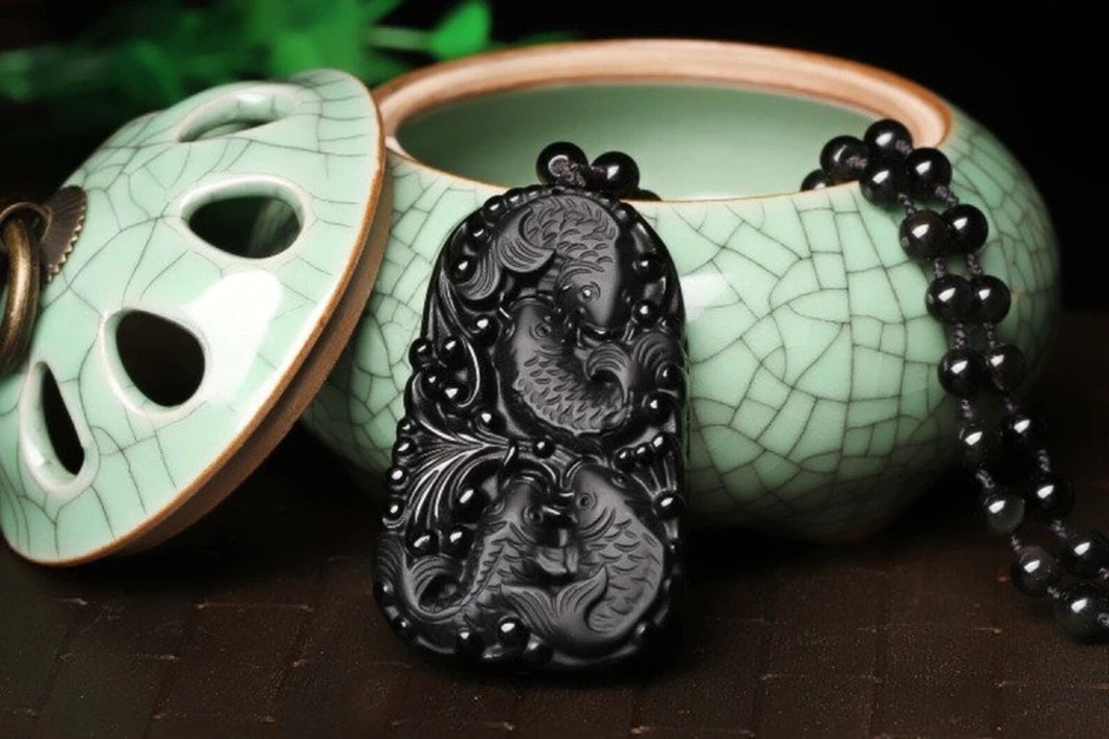 Natural Black Obsidian Happy Four Fish Pendant Obsidian Fish | Etsy