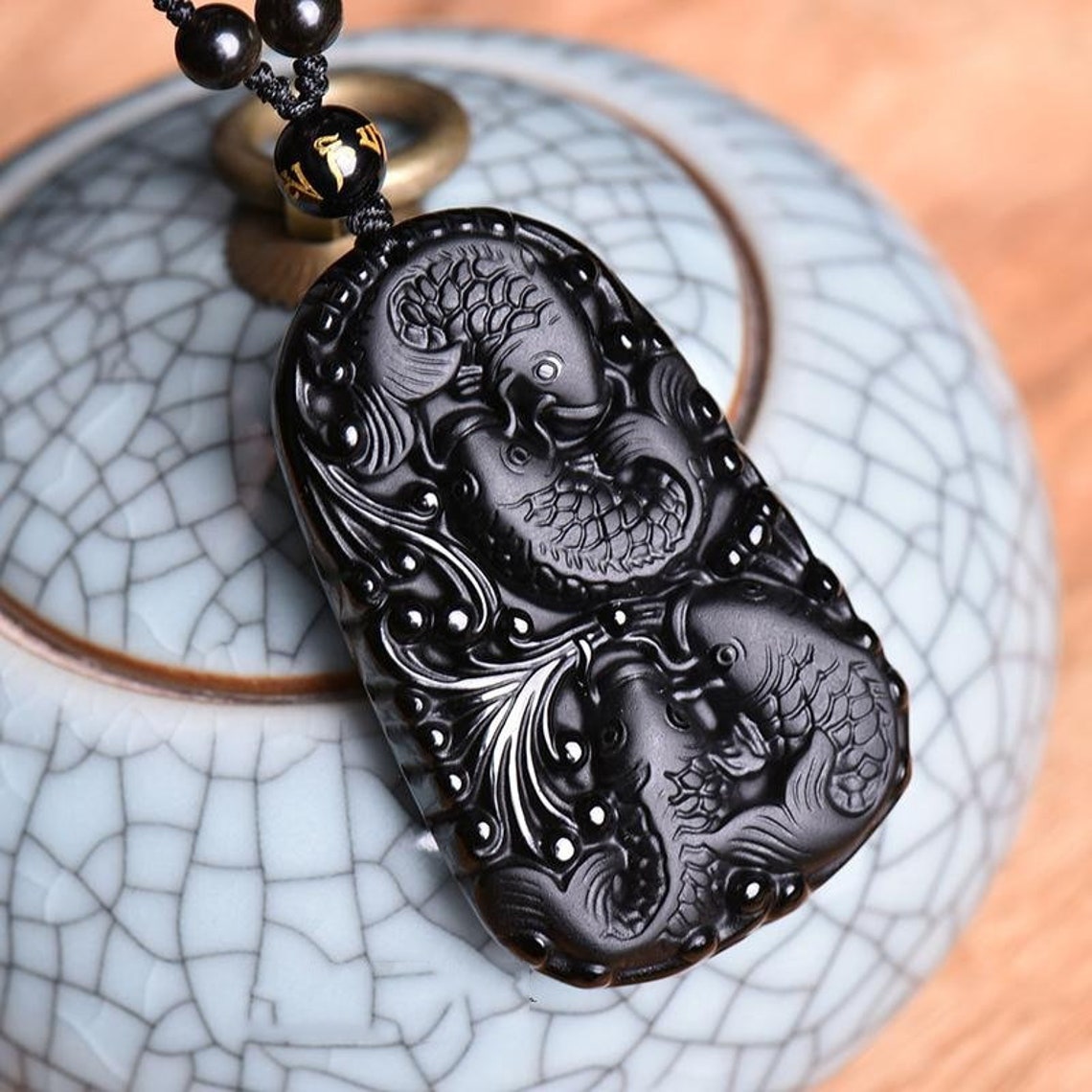 Natural Black Obsidian Happy Four Fish Pendant Obsidian Fish | Etsy
