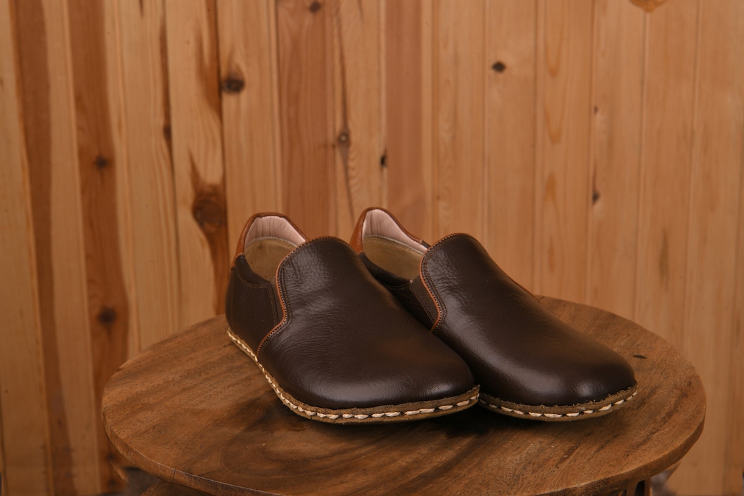 Men's Natural Leather Casual Wide Toe Box Brown Flat Shoes, Barefoot ...