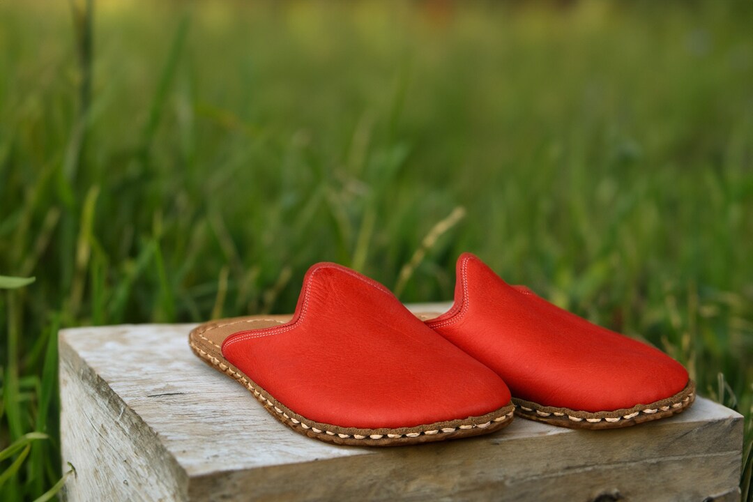 Wide Toe Box Women's Flat Comfort Slippers, Genuine Red Leather ...