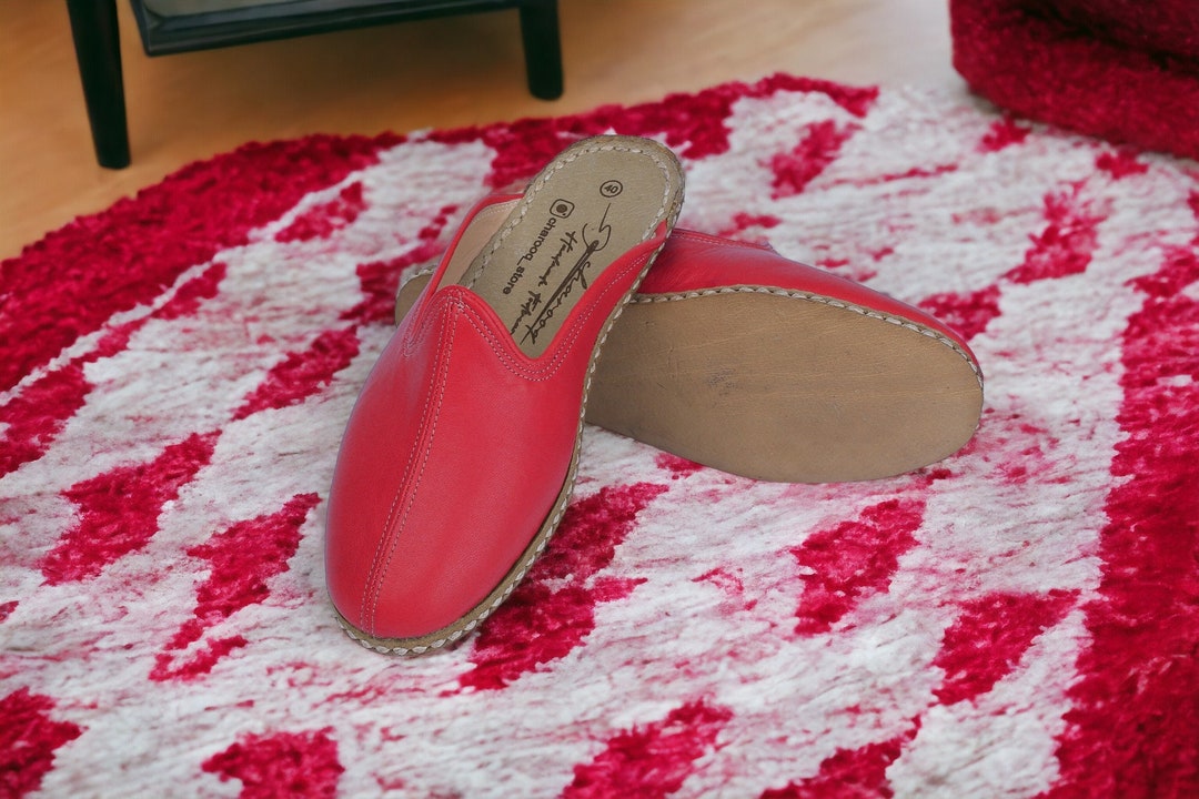Women's Genuine Leather Red House Shoes, Comfort Flat Unique Slippers ...