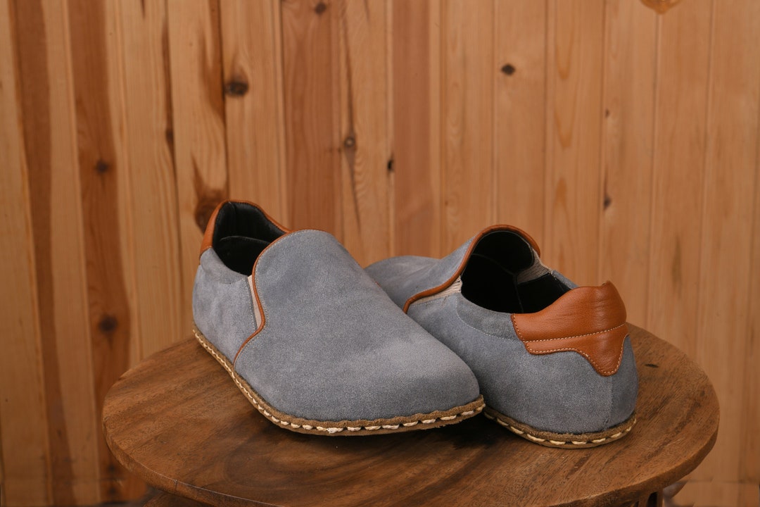 Flat Wide Toe Box Genuine Leather Nubuck Gray Shoes, Natural Leather ...