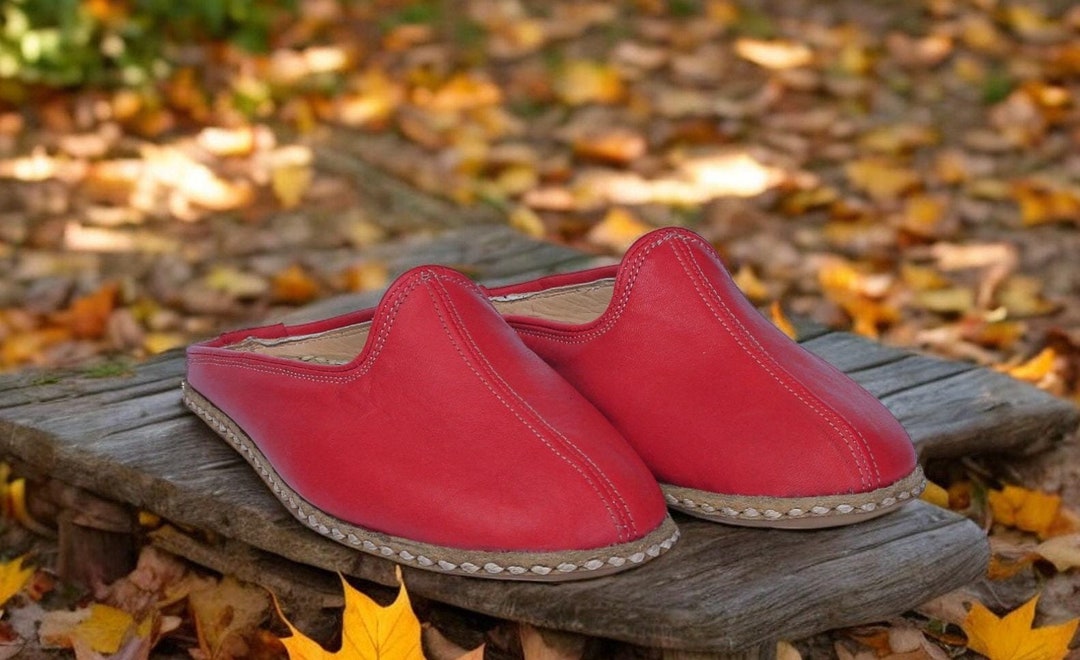 Flat Natural Leather Unisex Half Slippers, Red Color House Shoes ...