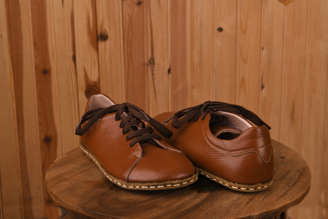 Genuine Leather Flat Wide Toe Box Caramel Brown Lace-up Shoes, Stylish ...