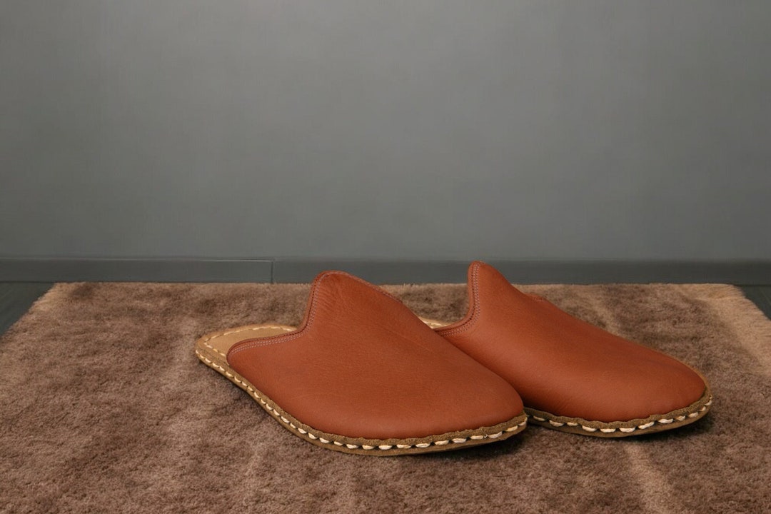 Wide Toe Box Caramel Brown Genuine Leather Slippers, Flat Authentic ...