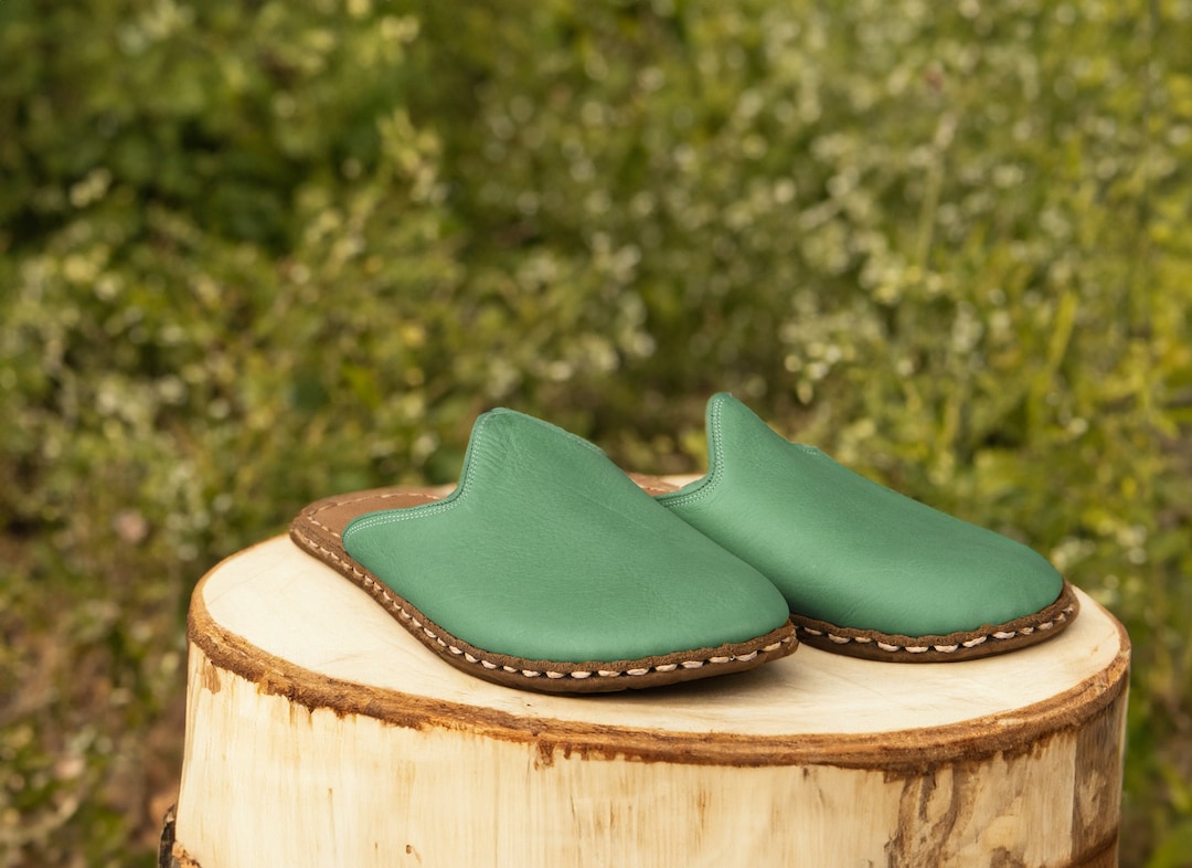 Genuine Leather Women's Flat Wide Toe Box Slippers, Green Color House ...