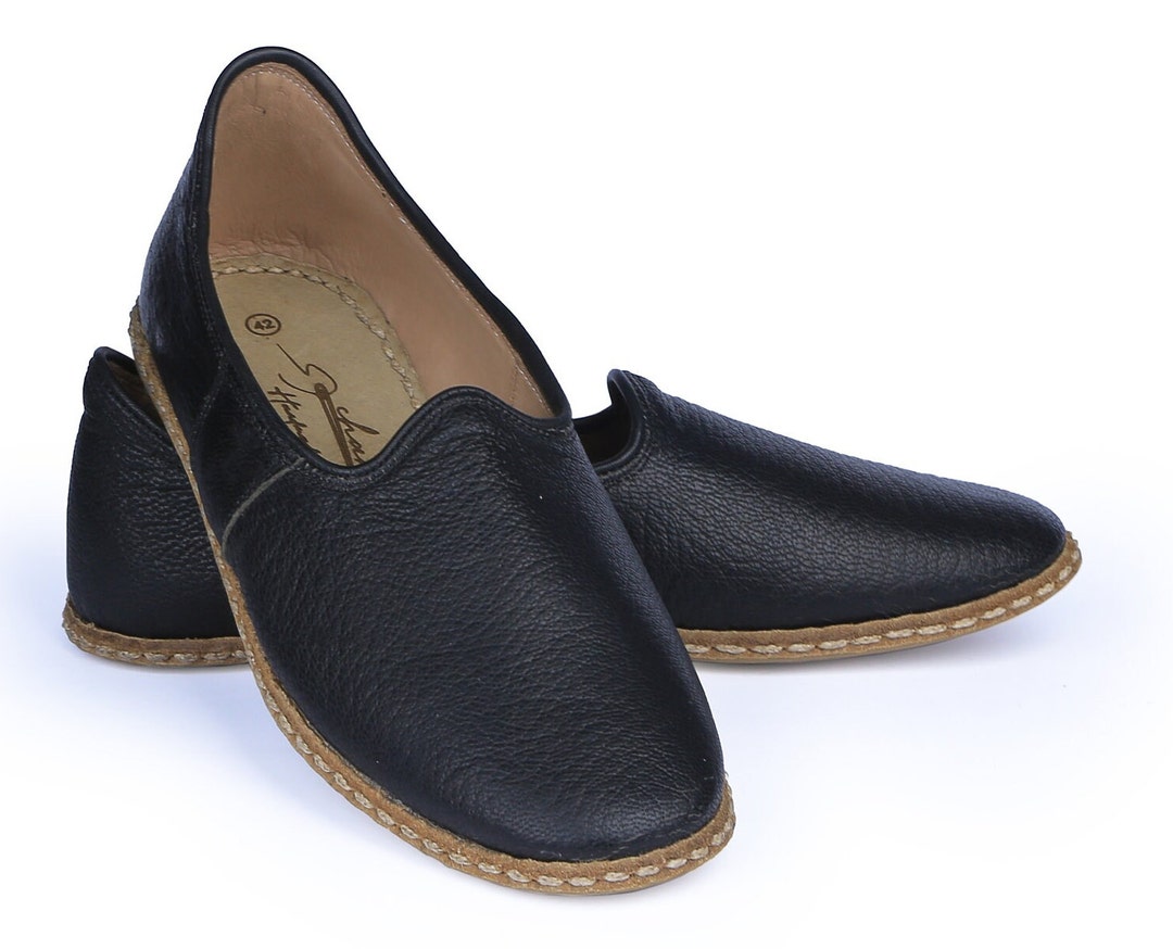 Flat Comfort Natural Patterned Leather, Black House Shoes, Traditional ...