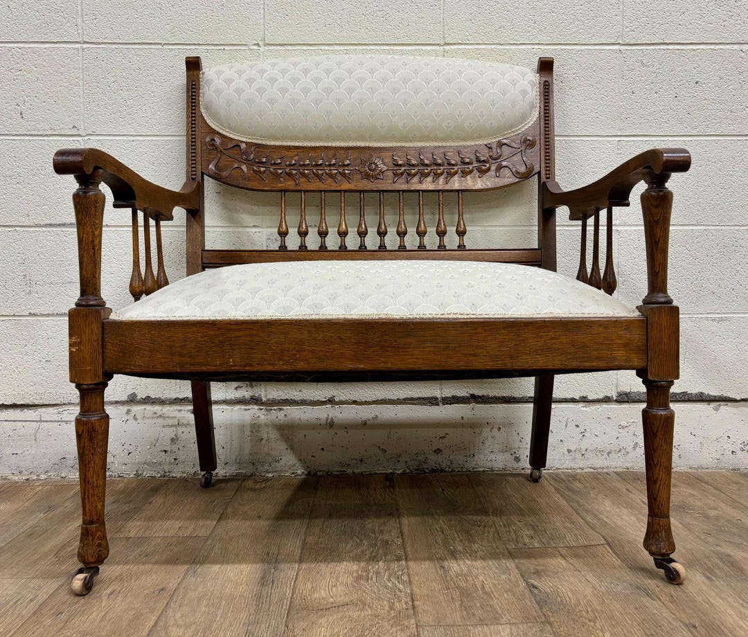 Antique Carved Spindle Back Carved Upholstered Settee - Etsy